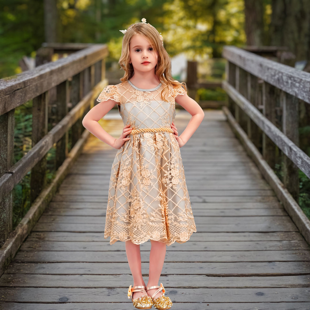 Gold and Grey Formal Dress | Girls' Gold Dress | Sara Dresses